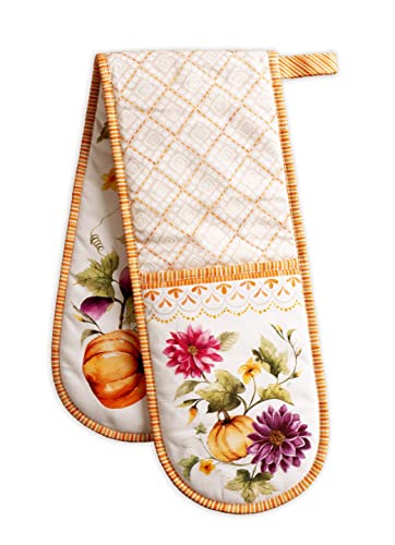 Maison d' Hermine Double Oven Gloves 7"x35", 100% Cotton Heat Resistant Oven Mitt Cooking Gloves with Loop, Handling Hot Pan, Pumpkin Garden - Cloudy Cream-Thanksgiving/Christmas