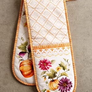 Maison d' Hermine Double Oven Gloves 7"x35", 100% Cotton Heat Resistant Oven Mitt Cooking Gloves with Loop, Handling Hot Pan, Pumpkin Garden - Cloudy Cream-Thanksgiving/Christmas