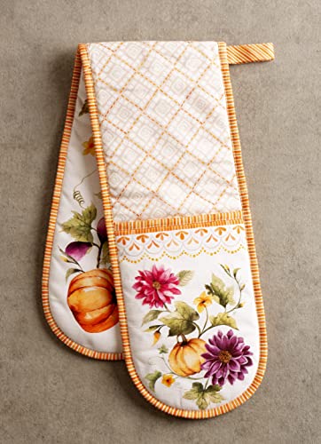 Maison d' Hermine Double Oven Gloves 7"x35", 100% Cotton Heat Resistant Oven Mitt Cooking Gloves with Loop, Handling Hot Pan, Pumpkin Garden - Cloudy Cream-Thanksgiving/Christmas