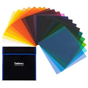 selens 20pcs color gel filter for lighting effect, 10×10 inches photography color correction kit for photo video studio, 20 assorted colors, lighting filters transparent color sheet filter sheet gels