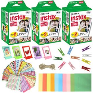 fujifilm instax mini instant film (3 pack, 60 sheets) 5 plastic desk frames + 10 paper frames plus 60 sticker frames