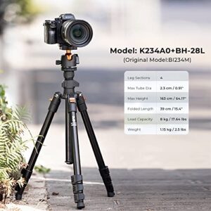 K&F Concept 64 inch/163cm Camera Tripod,Lightweight Aluminum Travel Outdoor Tripods with 360 Degree Ball Head Load Capacity 8kg/17.6lbs,Quick Release Plate, for DSLR Cameras K234A0+BH-28L