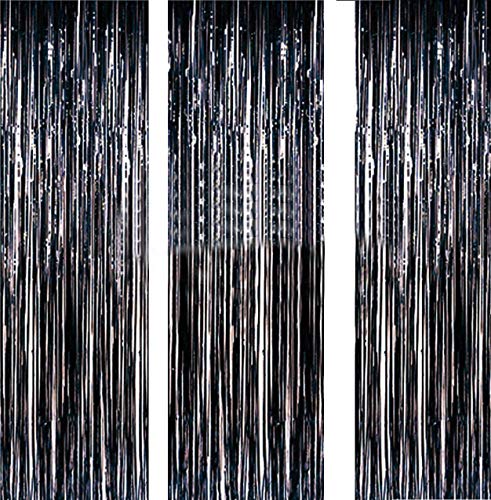 CareCheer 3 Pack 3.2ft x 6.6ft Black Metallic Foil Fringe Backdrop Tinsel Sparkle Door Window Curtain Backdrop for Birthday Bachelorette Wedding Christmas New Year Party Decorations