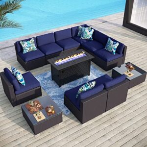 sophia & william 12 pcs patio furniture set with 45-inch fire pit table all-weather rattan outdoor sectional sofa patio conversation set w/9 navy blue sofa seats, 2 tempered glass table