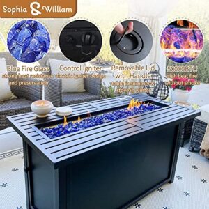 Sophia & William 12 PCS Patio Furniture Set with 45-Inch Fire Pit Table All-Weather Rattan Outdoor Sectional Sofa Patio Conversation Set w/9 Navy Blue Sofa Seats, 2 Tempered Glass Table