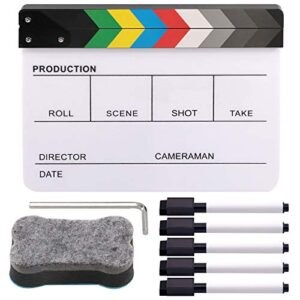 rustark movie film clap board, acrylic 10″x12″ acrylic dry erase director clapboard, professional photography studio video tv cut action scene clapper board with 5 pcs erasable pen