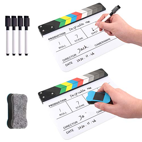 Rustark Movie Film Clap Board, Acrylic 10"x12" Acrylic Dry Erase Director Clapboard, Professional Photography Studio Video TV Cut Action Scene Clapper Board with 5 Pcs Erasable Pen