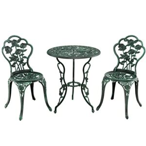 giantex 3 piece bistro set cast aluminum rose design antique outdoor patio furniture weather resistant garden round table and chairs w/umbrella hole (rose design)