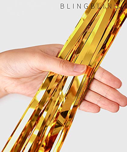 2 Pcs 3.2ft x 8.2ft Shiny Gold Metallic Tinsel Foil Fringe Curtains Photo Booth Backdrop for Birthday Wedding Holiday Celebration Bachelorette Party Decorations (Gold)