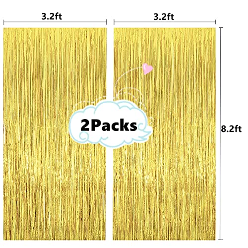 2 Pcs 3.2ft x 8.2ft Shiny Gold Metallic Tinsel Foil Fringe Curtains Photo Booth Backdrop for Birthday Wedding Holiday Celebration Bachelorette Party Decorations (Gold)