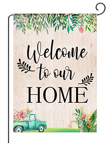 HHERCICIM Spring Welcome to Our Home Flag Garden Flag 12.5x18 Inch Vertical Double Sided Burlap Hello Spring Welcome Flower Farmhouse Rustic Sweet Home Décor Seasonal House Flag Holiday Party Outdoor Décor