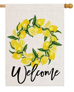 pingpi welcome lemon wreath 28 x 40 house flag burlap double sided, lemon garden yard decoration, welcome seasonal outdoor decor decorative spring large flag lemon