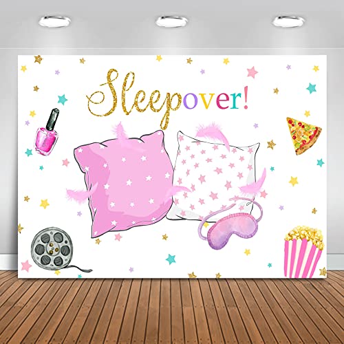 Mocsicka Sleepover Party Backdrop Sleepover Pajamas Pillow Fight Pink Girl Party Decorations Slumber Party Banner Photography Background Cake Table Studio Props (5x3ft)