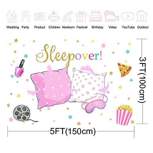 Mocsicka Sleepover Party Backdrop Sleepover Pajamas Pillow Fight Pink Girl Party Decorations Slumber Party Banner Photography Background Cake Table Studio Props (5x3ft)