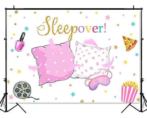 Mocsicka Sleepover Party Backdrop Sleepover Pajamas Pillow Fight Pink Girl Party Decorations Slumber Party Banner Photography Background Cake Table Studio Props (5x3ft)