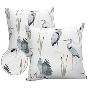 Vandarllin Outdoor Throw Pillows Covers 16X16 Set of 2 Waterproof Heron Wildlife Decorative Zippered Lumbar Cushion Covers for Patio Furniture, Birds in The Water Reeds