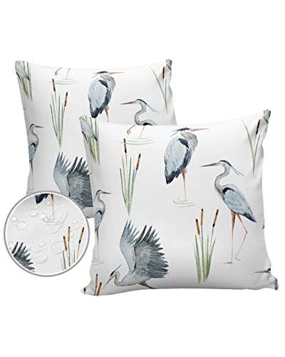 Vandarllin Outdoor Throw Pillows Covers 16X16 Set of 2 Waterproof Heron Wildlife Decorative Zippered Lumbar Cushion Covers for Patio Furniture, Birds in The Water Reeds