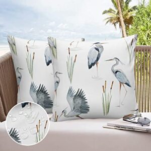 Vandarllin Outdoor Throw Pillows Covers 16X16 Set of 2 Waterproof Heron Wildlife Decorative Zippered Lumbar Cushion Covers for Patio Furniture, Birds in The Water Reeds