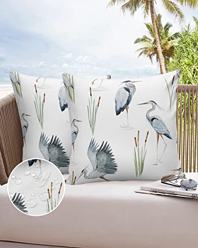 Vandarllin Outdoor Throw Pillows Covers 16X16 Set of 2 Waterproof Heron Wildlife Decorative Zippered Lumbar Cushion Covers for Patio Furniture, Birds in The Water Reeds