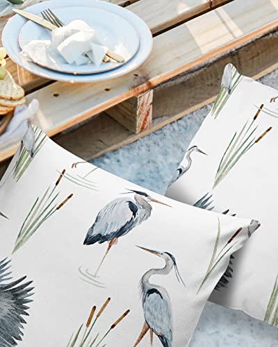 Vandarllin Outdoor Throw Pillows Covers 16X16 Set of 2 Waterproof Heron Wildlife Decorative Zippered Lumbar Cushion Covers for Patio Furniture, Birds in The Water Reeds