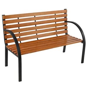 veryke 48” 2-person outdoor patio garden bench, weather proof porch path chair slat chair with metal frame and wooden armrest for porch, balcony, entryway, patio, backyard – natural color