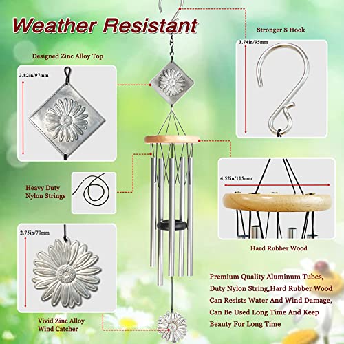 GDNIART Wind Chimes 29inch Daisy Memorial Gift for Father,Mother and People You Loved Sympathy Wind Chime Wind Bells. Metal Zinc Alloy Outdoor Decor for Garden Patio Porch Yard, Home