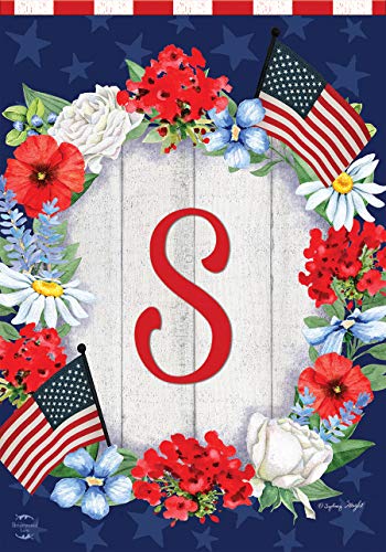 Patriotic Monogram Letter S Garden Flag Floral Wreath Briarwood Lane 18" x 12.5"