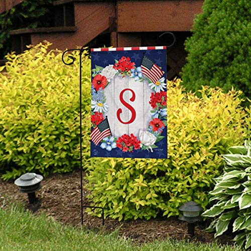 Patriotic Monogram Letter S Garden Flag Floral Wreath Briarwood Lane 18" x 12.5"