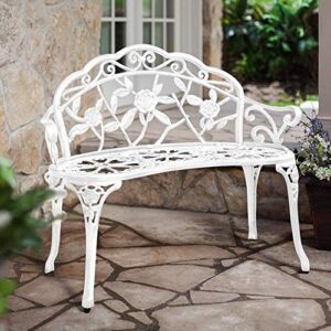 homefun patio outdoor bench, white cast-aluminum garden benches metal loveseat outdoor furniture for park lawn front porch