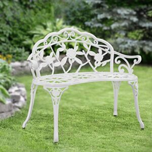 HOMEFUN Patio Outdoor Bench, White Cast-Aluminum Garden Benches Metal Loveseat Outdoor Furniture for Park Lawn Front Porch