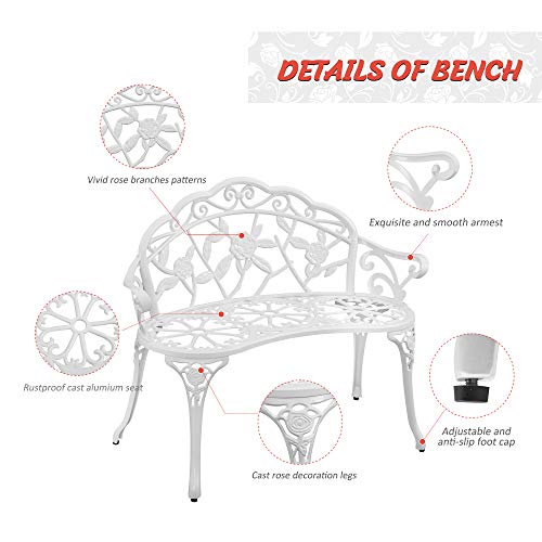 HOMEFUN Patio Outdoor Bench, White Cast-Aluminum Garden Benches Metal Loveseat Outdoor Furniture for Park Lawn Front Porch