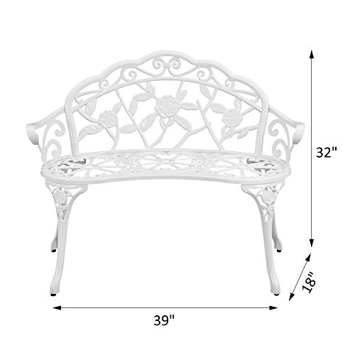 HOMEFUN Patio Outdoor Bench, White Cast-Aluminum Garden Benches Metal Loveseat Outdoor Furniture for Park Lawn Front Porch