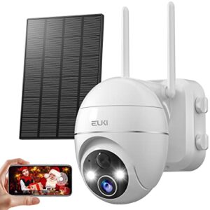 euki security cameras wireless outdoor, 2k solar security camera system 360° ptz with spotlight & siren, 2.4ghz outdoor security cameras,color night vision, pir motion detection, 2-way talk, ip66.