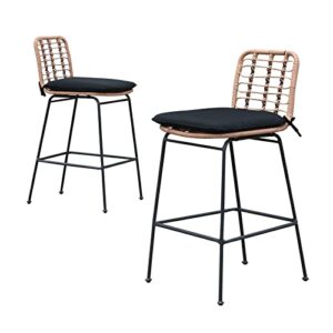 Patiorama Outdoor Bar Stools Set of 2, Patio Counter Height Stools & Bar Chairs w/Footrest, Hand-Woven Armless Beige Rattan Bar Set Patio Furniture for Garden,Pool, Indoor,Cafe,Kitchen(Black Cushion)