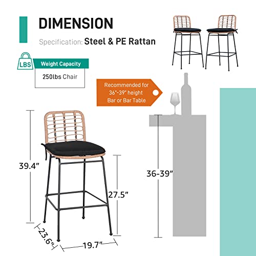 Patiorama Outdoor Bar Stools Set of 2, Patio Counter Height Stools & Bar Chairs w/Footrest, Hand-Woven Armless Beige Rattan Bar Set Patio Furniture for Garden,Pool, Indoor,Cafe,Kitchen(Black Cushion)