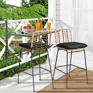 Patiorama Outdoor Bar Stools Set of 2, Patio Counter Height Stools & Bar Chairs w/Footrest, Hand-Woven Armless Beige Rattan Bar Set Patio Furniture for Garden,Pool, Indoor,Cafe,Kitchen(Black Cushion)