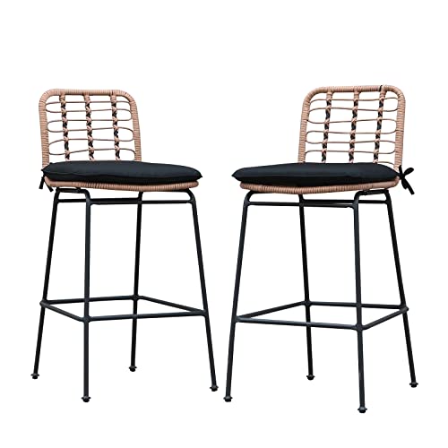 Patiorama Outdoor Bar Stools Set of 2, Patio Counter Height Stools & Bar Chairs w/Footrest, Hand-Woven Armless Beige Rattan Bar Set Patio Furniture for Garden,Pool, Indoor,Cafe,Kitchen(Black Cushion)