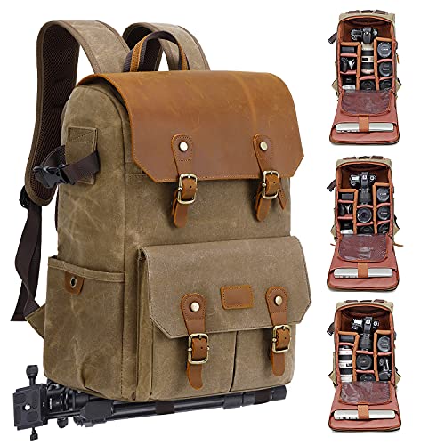 JAEP Camera Backpack - Weather Resistant 16 Ounces Waxed Memory Canvas – DSLR SLR Backpacks with 15.6” laptop sleeve compartment and Tripod Holder for Photographers -Vintage leather Style (Khaki)