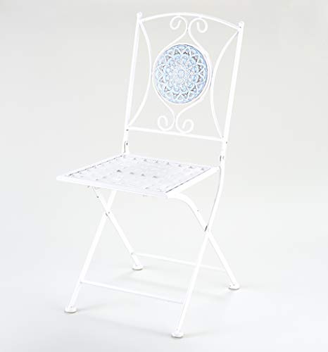 The Lakeside Collection Metal Folding Patio Chair with Decorative Tile Mosaic - White