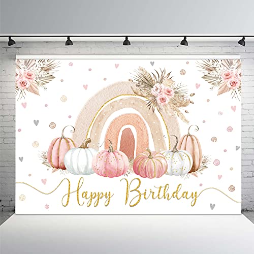 MEHOFOND Autumn Boho Little Pumpkin Backdrop Girl Happy Birthday Party Banner Decorations Thanksgiving Bohemia Rainbow Blush Pink Floral Photography Background 1st Bday Cake Smash Table Supplies 7x5ft