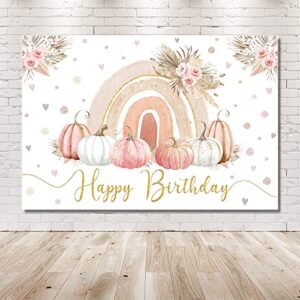 MEHOFOND Autumn Boho Little Pumpkin Backdrop Girl Happy Birthday Party Banner Decorations Thanksgiving Bohemia Rainbow Blush Pink Floral Photography Background 1st Bday Cake Smash Table Supplies 7x5ft