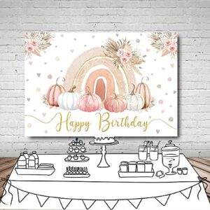 MEHOFOND Autumn Boho Little Pumpkin Backdrop Girl Happy Birthday Party Banner Decorations Thanksgiving Bohemia Rainbow Blush Pink Floral Photography Background 1st Bday Cake Smash Table Supplies 7x5ft