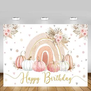 MEHOFOND Autumn Boho Little Pumpkin Backdrop Girl Happy Birthday Party Banner Decorations Thanksgiving Bohemia Rainbow Blush Pink Floral Photography Background 1st Bday Cake Smash Table Supplies 7x5ft