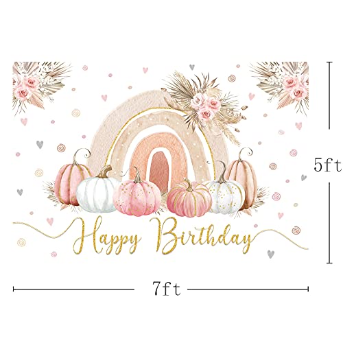 MEHOFOND Autumn Boho Little Pumpkin Backdrop Girl Happy Birthday Party Banner Decorations Thanksgiving Bohemia Rainbow Blush Pink Floral Photography Background 1st Bday Cake Smash Table Supplies 7x5ft