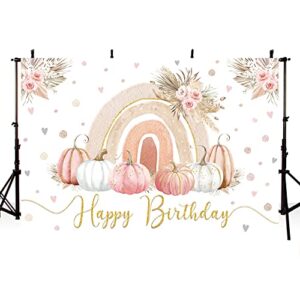 MEHOFOND Autumn Boho Little Pumpkin Backdrop Girl Happy Birthday Party Banner Decorations Thanksgiving Bohemia Rainbow Blush Pink Floral Photography Background 1st Bday Cake Smash Table Supplies 7x5ft