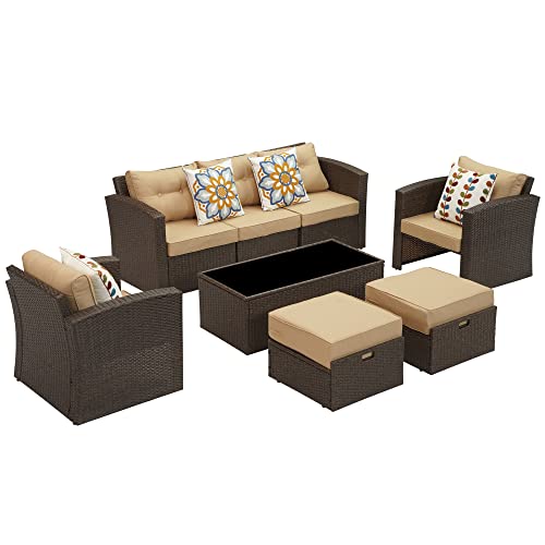 SUNVIVI OUTDOOR 8 Piece Outdoor Patio Furniture Set, PE Rattan Wicker Sofa Set, Outdoor Sectional Furniture Chair Set with Coffee Table and Ottoman（Brown/Beige）