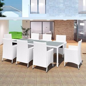 Festnight 9 Pieces Outdoor Patio Dining Set White Poly Rattan Tempered Glass Top Dining Table and 8 Chairs with Cushion Sectional Conversation Set Garden Outdoor Furniture