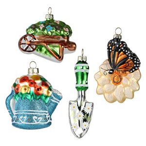 WBHome Christmas Glass Ornaments, Hand Crafted Butterfly, Trowel, Wheelbarrow, Watering Can Tools Ornaments Set for Christmas Tree, Traditional Xmas Decorations Gifts, 4pcs