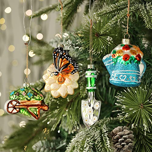 WBHome Christmas Glass Ornaments, Hand Crafted Butterfly, Trowel, Wheelbarrow, Watering Can Tools Ornaments Set for Christmas Tree, Traditional Xmas Decorations Gifts, 4pcs