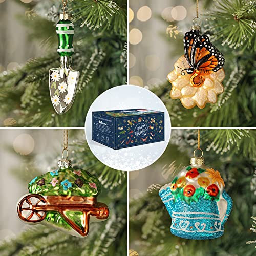 WBHome Christmas Glass Ornaments, Hand Crafted Butterfly, Trowel, Wheelbarrow, Watering Can Tools Ornaments Set for Christmas Tree, Traditional Xmas Decorations Gifts, 4pcs